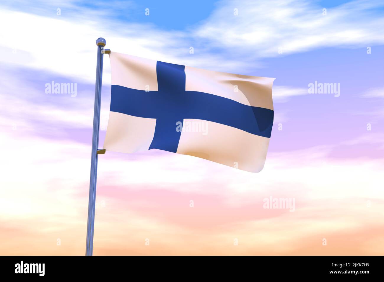 Waving flag of Finland with chrome flag pole in blue sky waving in the ...