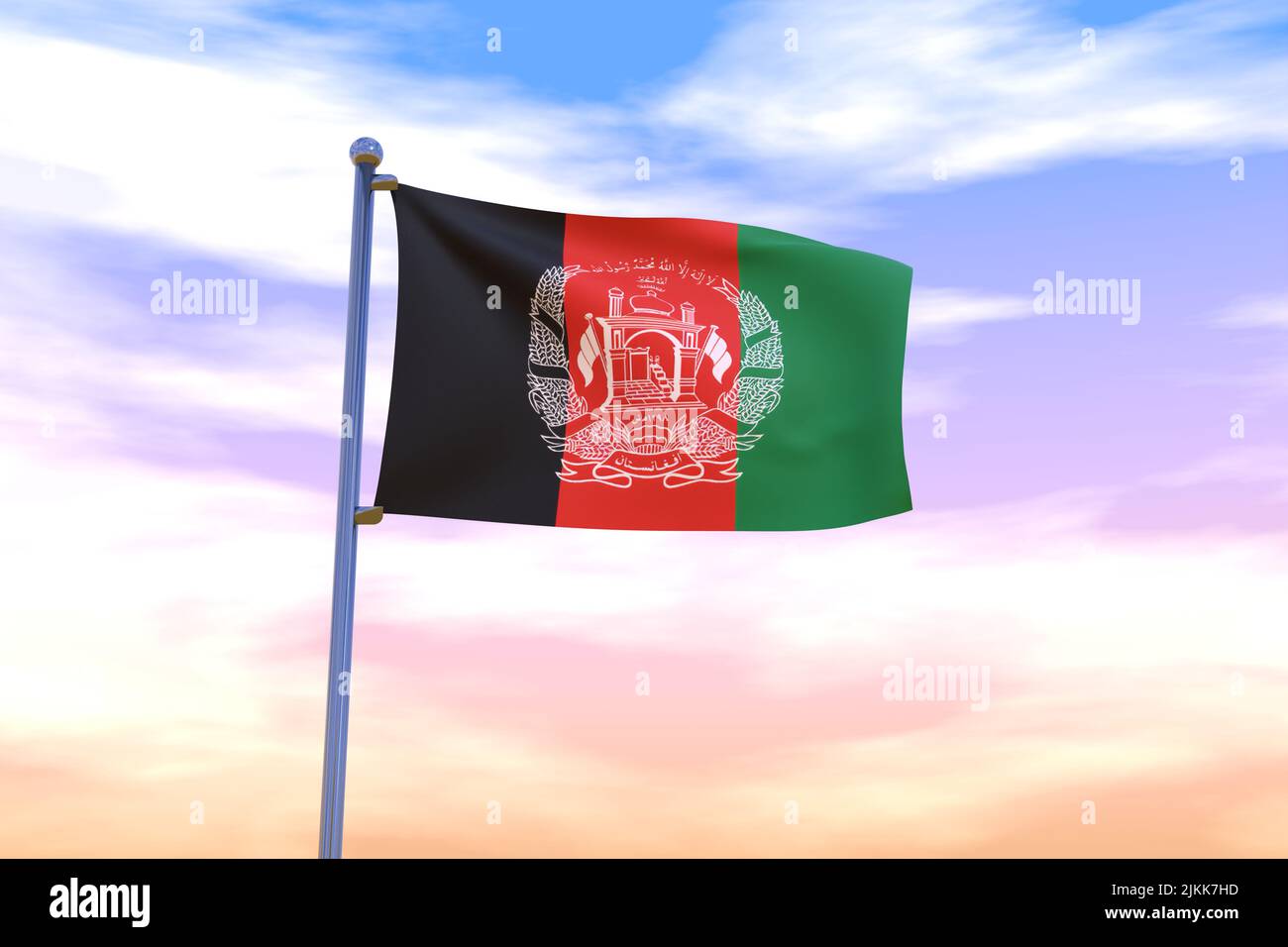 Waving flag of Afghanistan with chrome flag pole in blue sky waving in ...