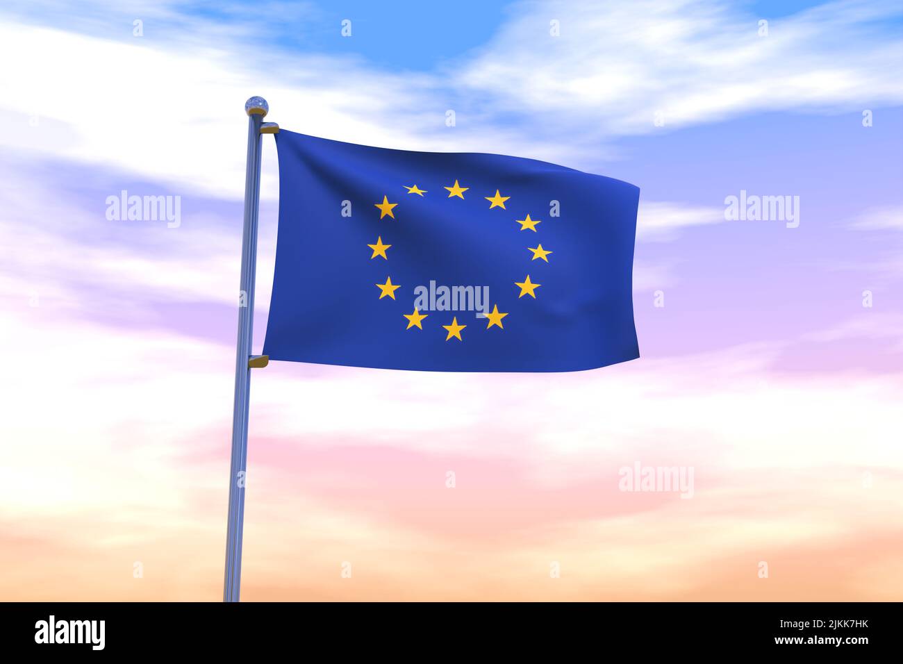 Waving flag of European Union with chrome flag pole in blue sky waving ...