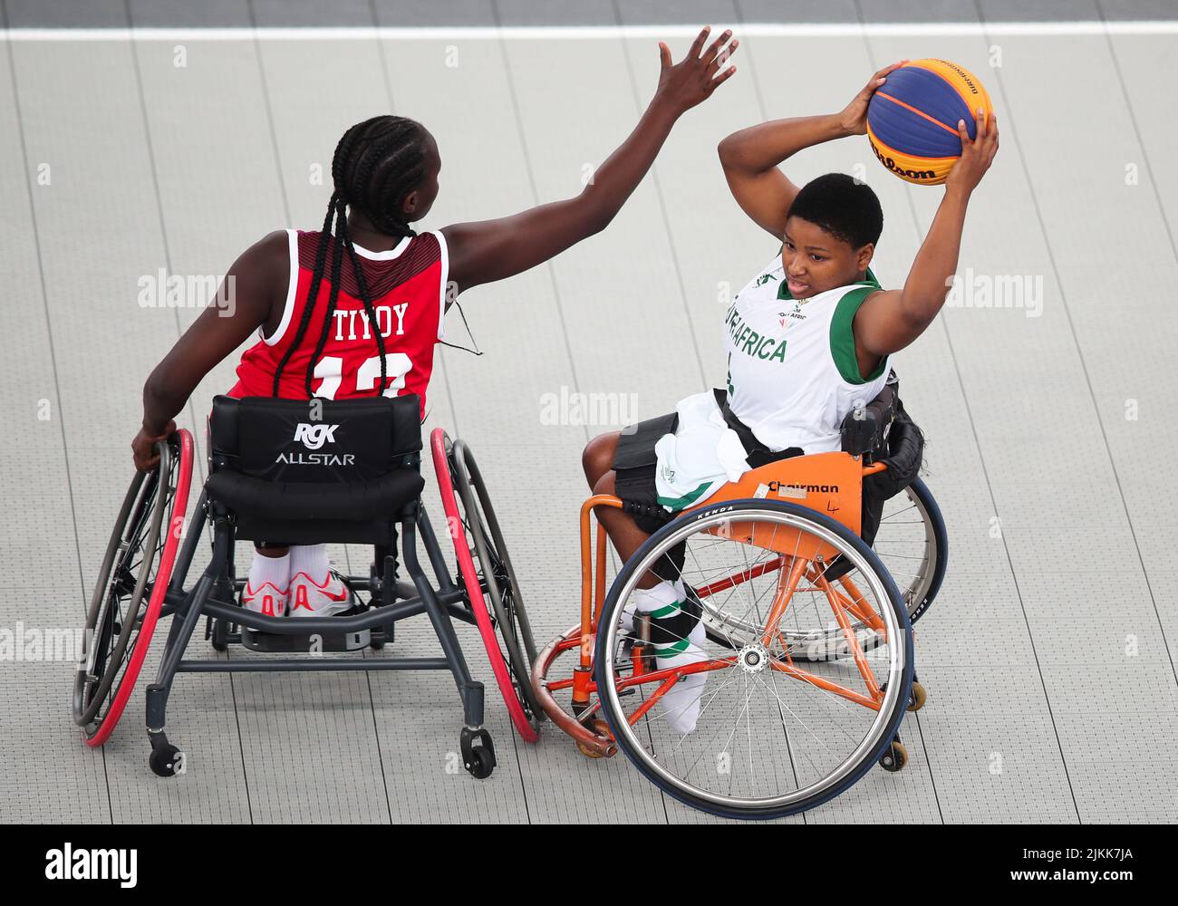 South Africa’s Michelle Moganedi (right) and Kenya’s Stella Chirp Tiyoy ...