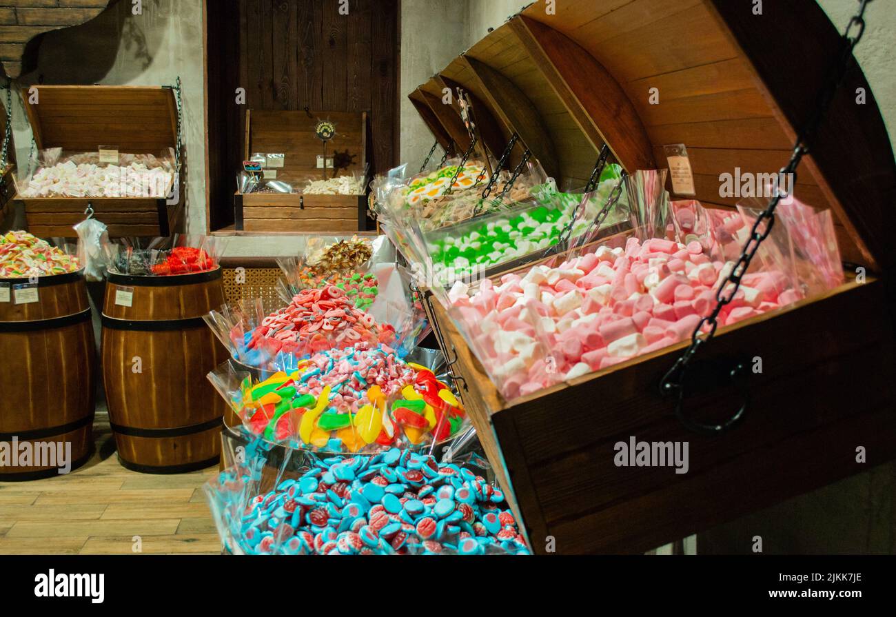 Moscow, Russia, September 2019: Pirate - marmalade sweet shop. Huge ...