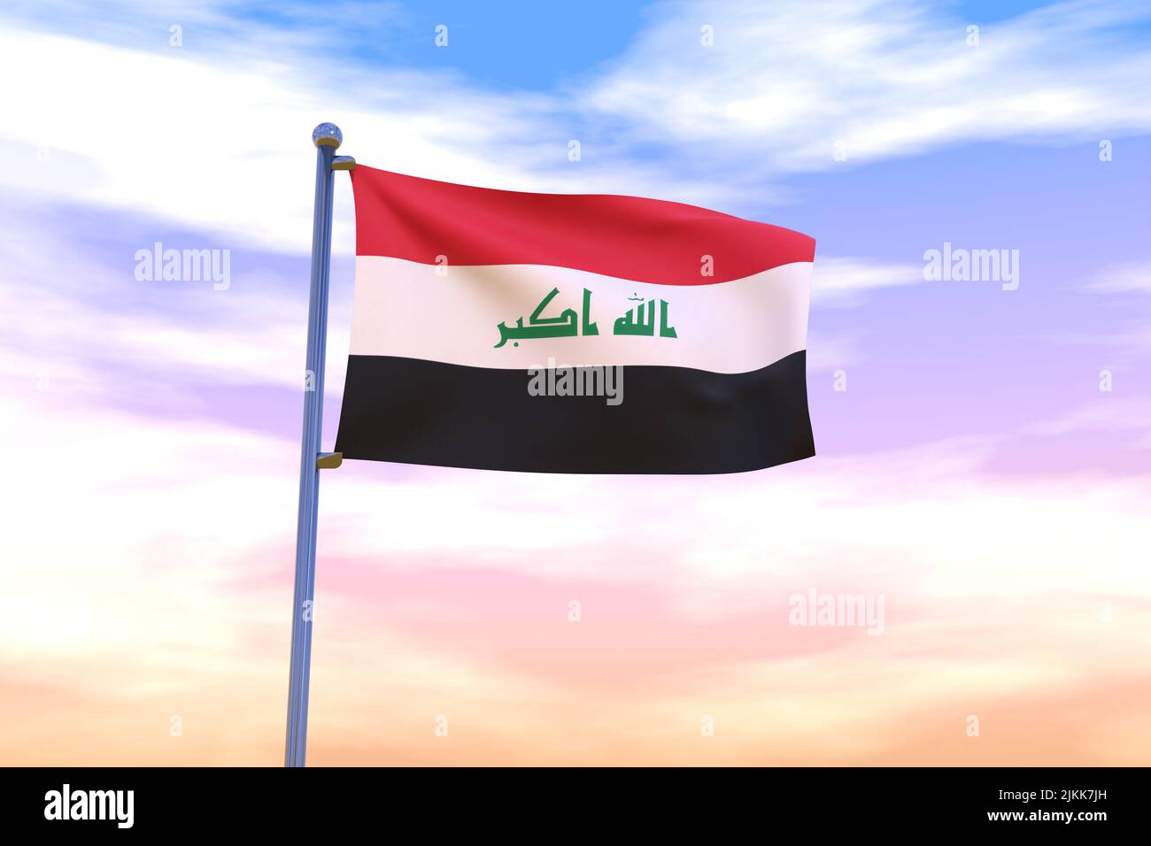 Waving flag of Iraq with chrome flag pole in blue sky waving in the ...