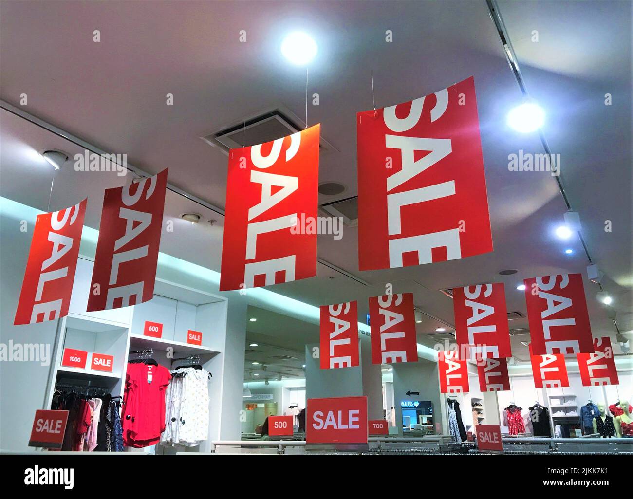 Moscow, Russia, July 2019: Close-up of many red sale banners hanging ...