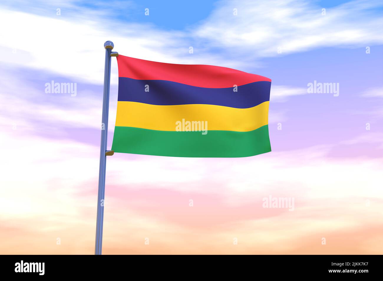Waving flag of Mauritius with chrome flag pole in blue sky waving in ...