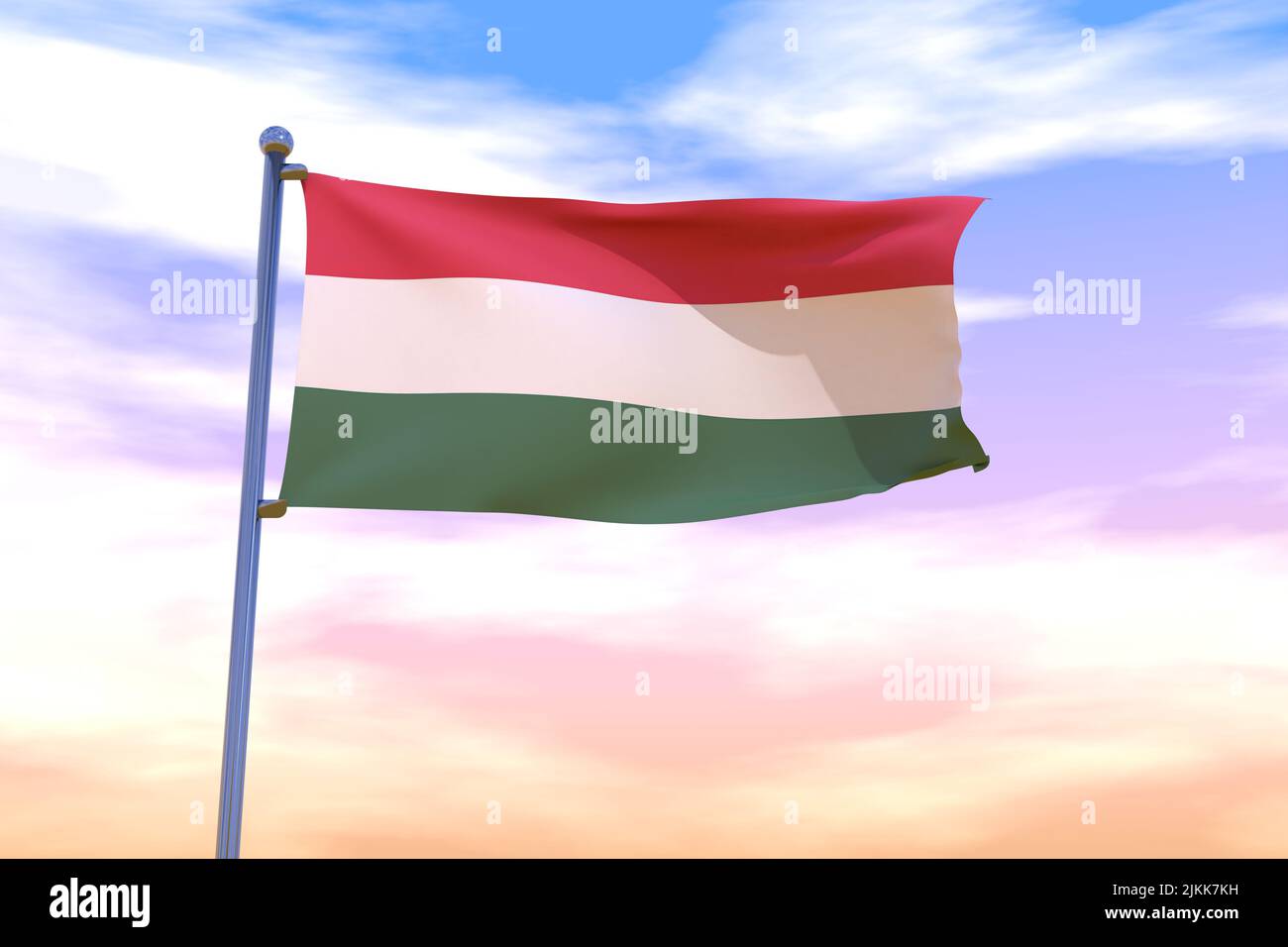 Waving flag of Hungary with chrome flag pole in blue sky waving in the ...