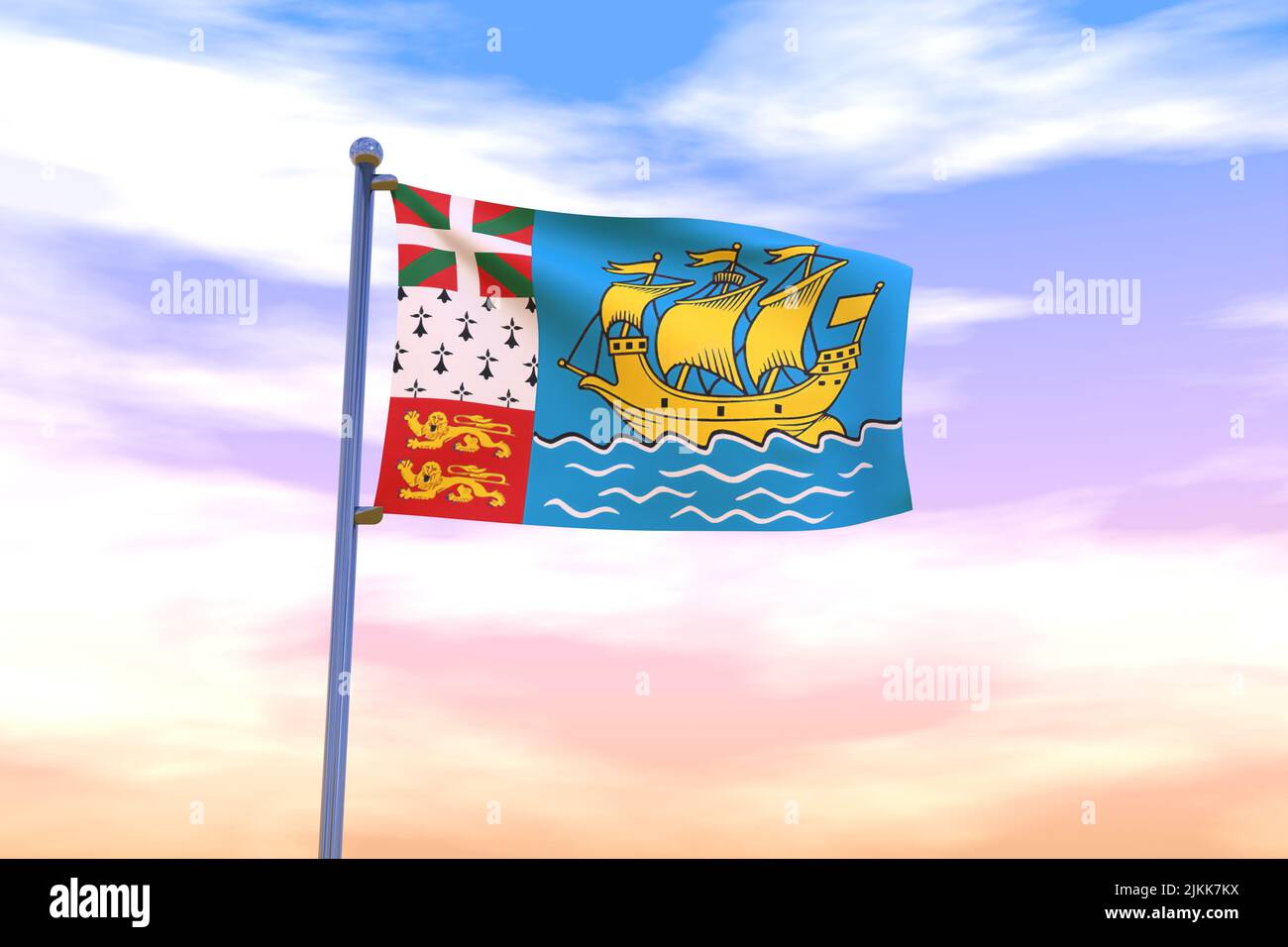 Waving flag of Saint Pierre and Miquelon with chrome flag pole in blue ...