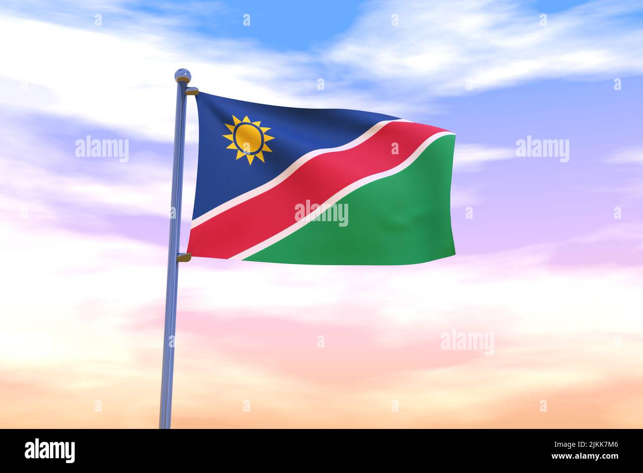 Waving flag of Namibia with chrome flag pole in blue sky waving in the ...