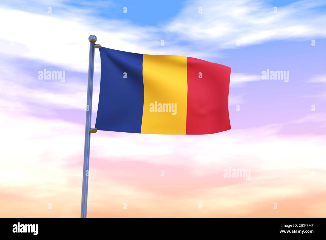 Waving flag of Romania with chrome flag pole in blue sky waving in the ...