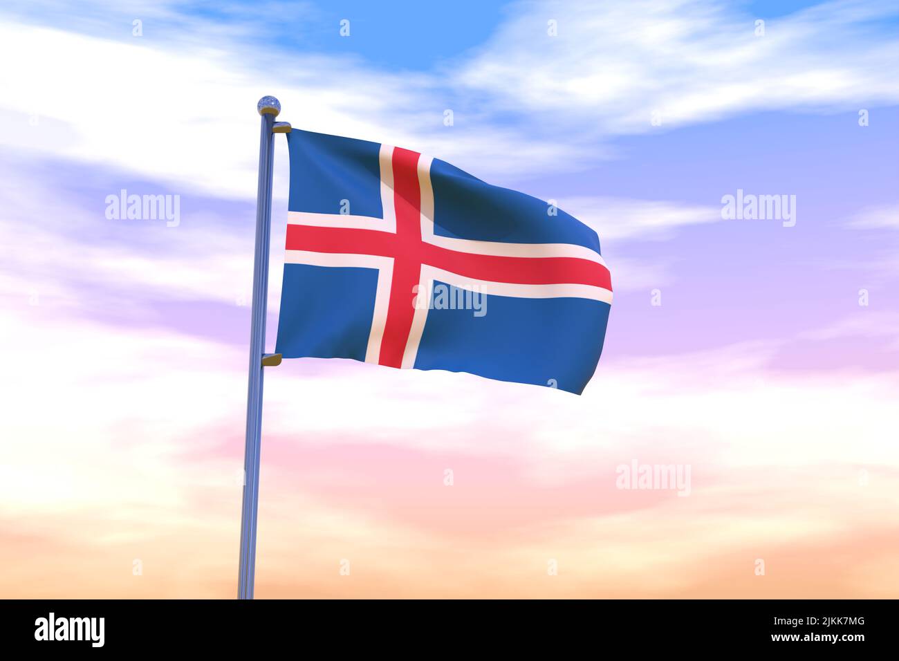 Waving flag of Iceland with chrome flag pole in blue sky waving in the ...