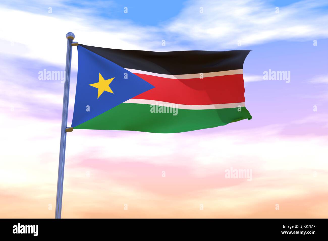 Waving flag of South Sudan with chrome flag pole in blue sky waving in ...