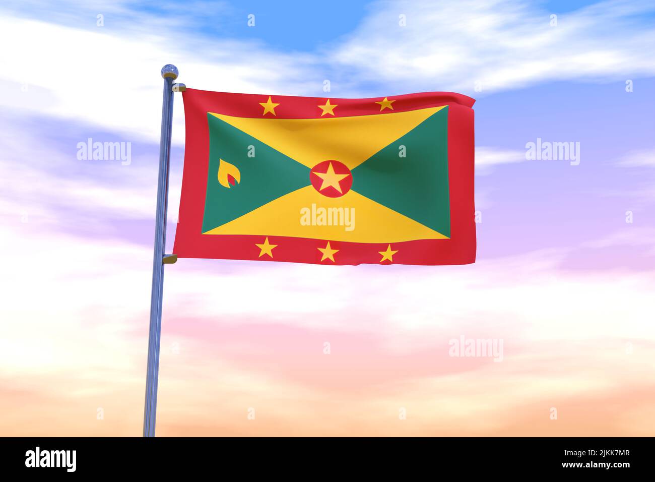Waving flag of Grenada with chrome flag pole in blue sky waving in the ...