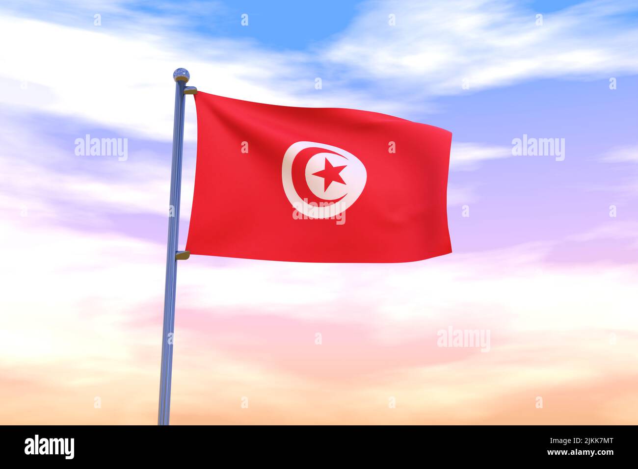 Waving flag of Tunisia with chrome flag pole in blue sky waving in the ...