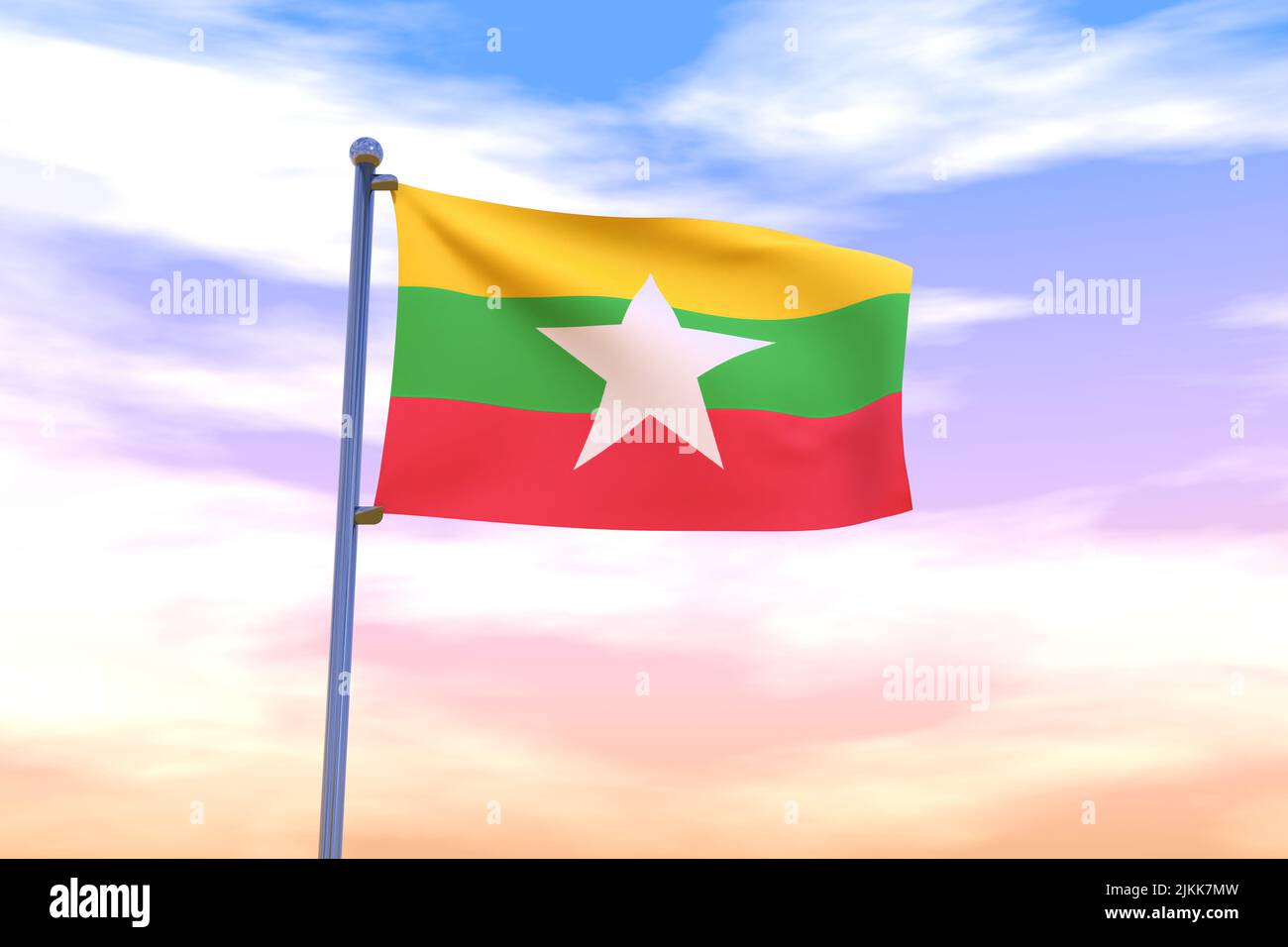 Waving flag of Myanmar with chrome flag pole in blue sky waving in the ...