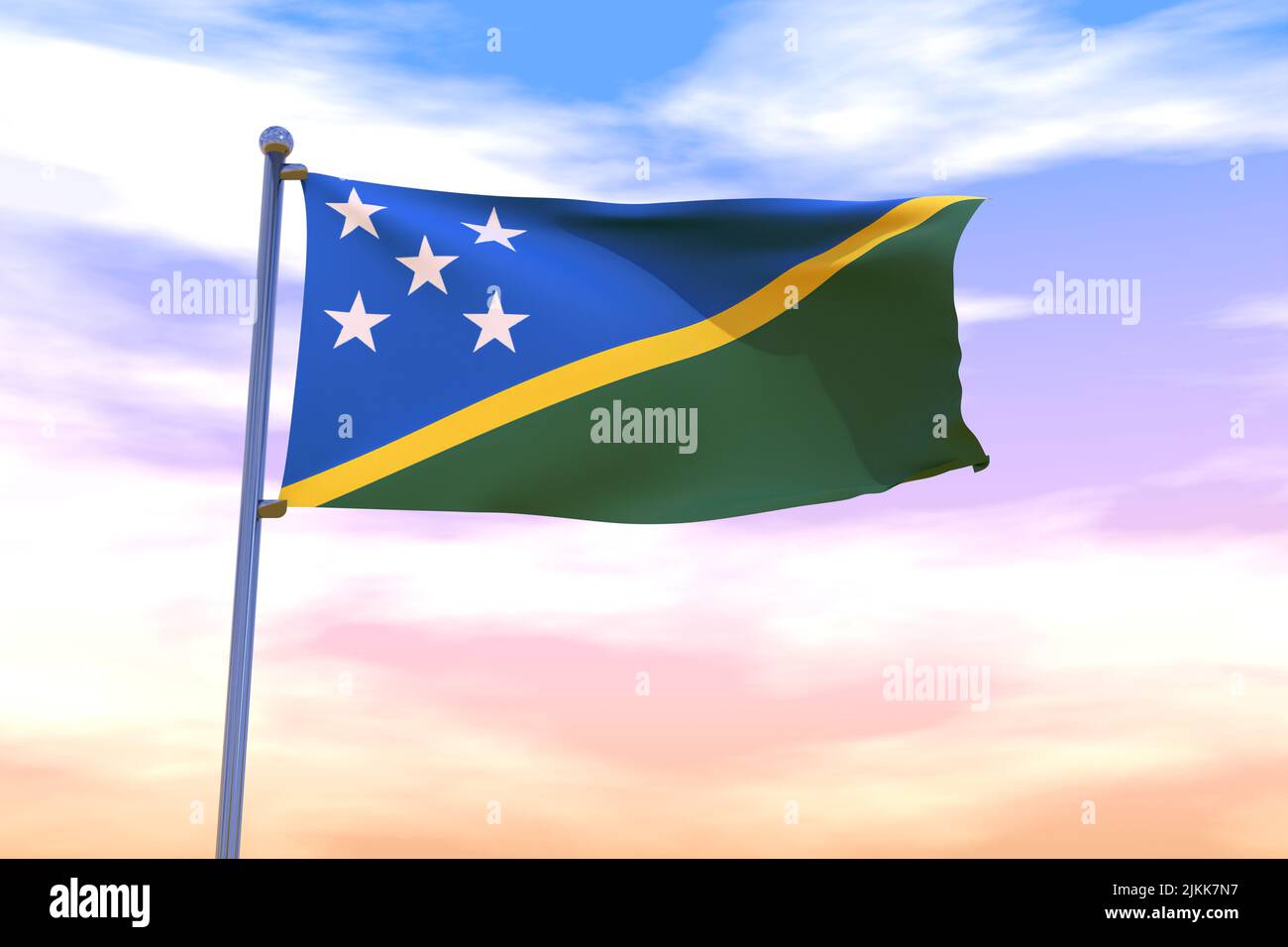 Waving flag of Solomon Islands with chrome flag pole in blue sky waving ...