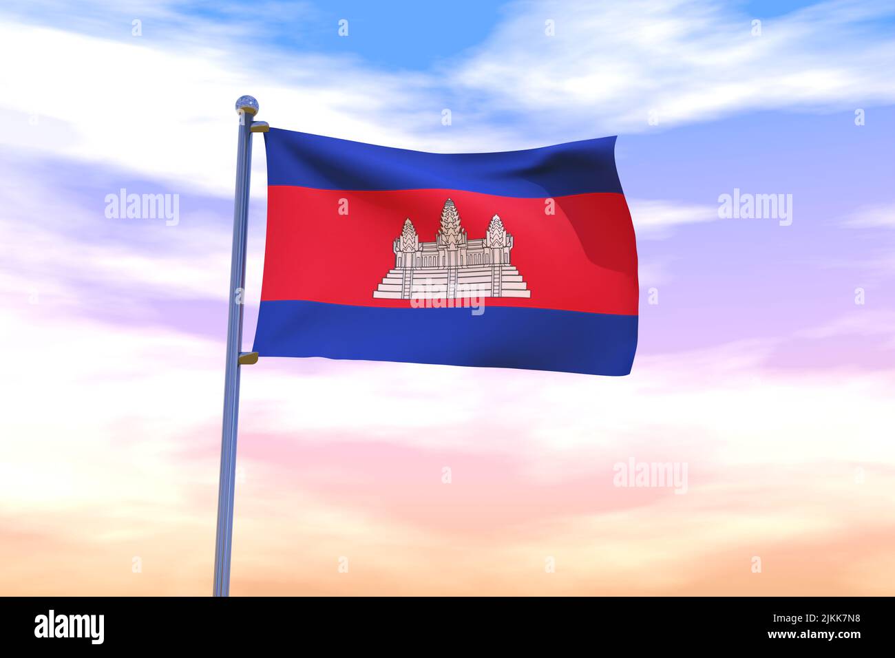 Waving flag of Cambodia with chrome flag pole in blue sky waving in the ...