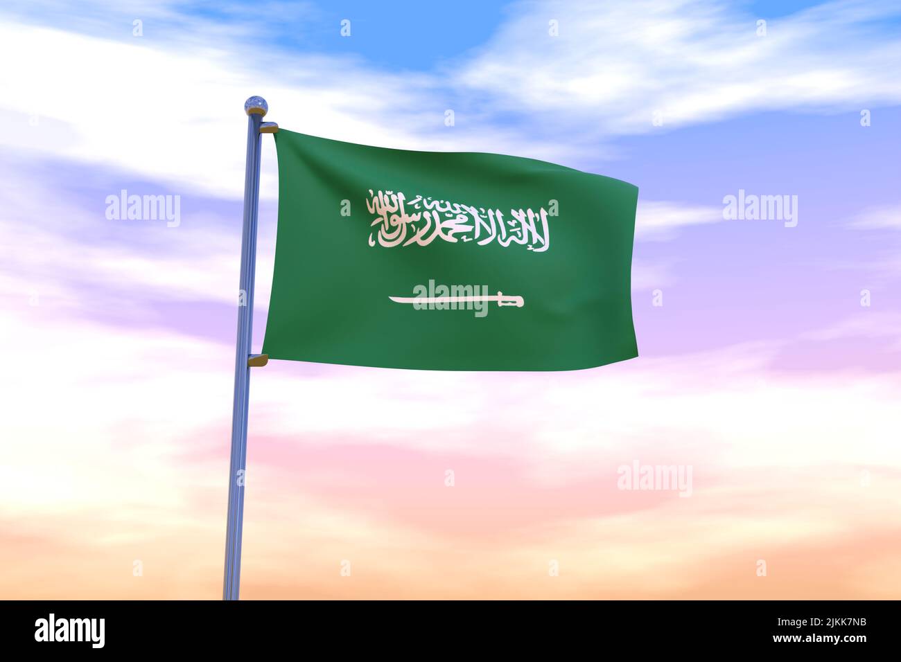 Waving flag of Saudi Arabia with chrome flag pole in blue sky waving in ...
