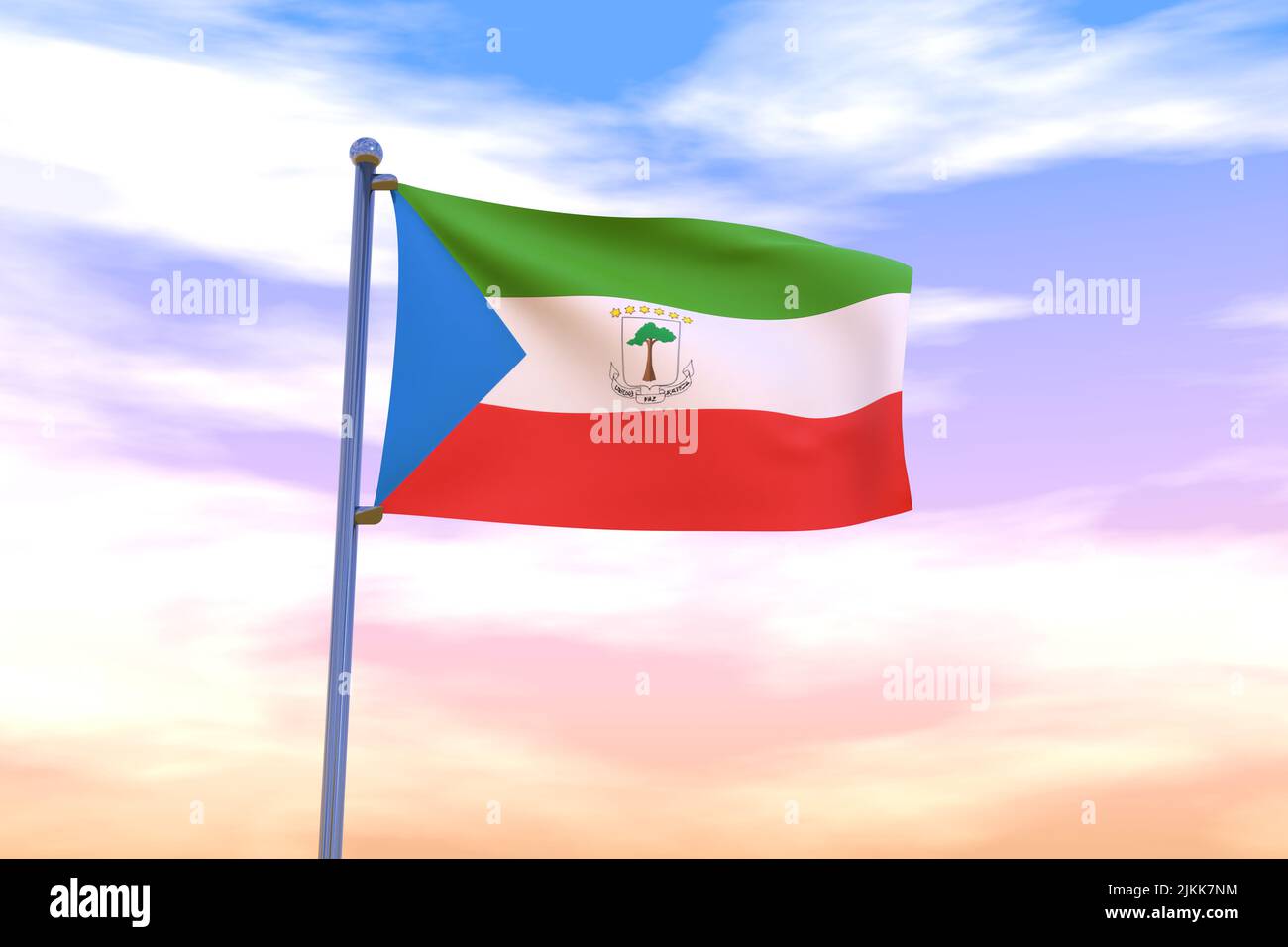 Waving flag of Equatorial Guinea with chrome flag pole in blue sky ...