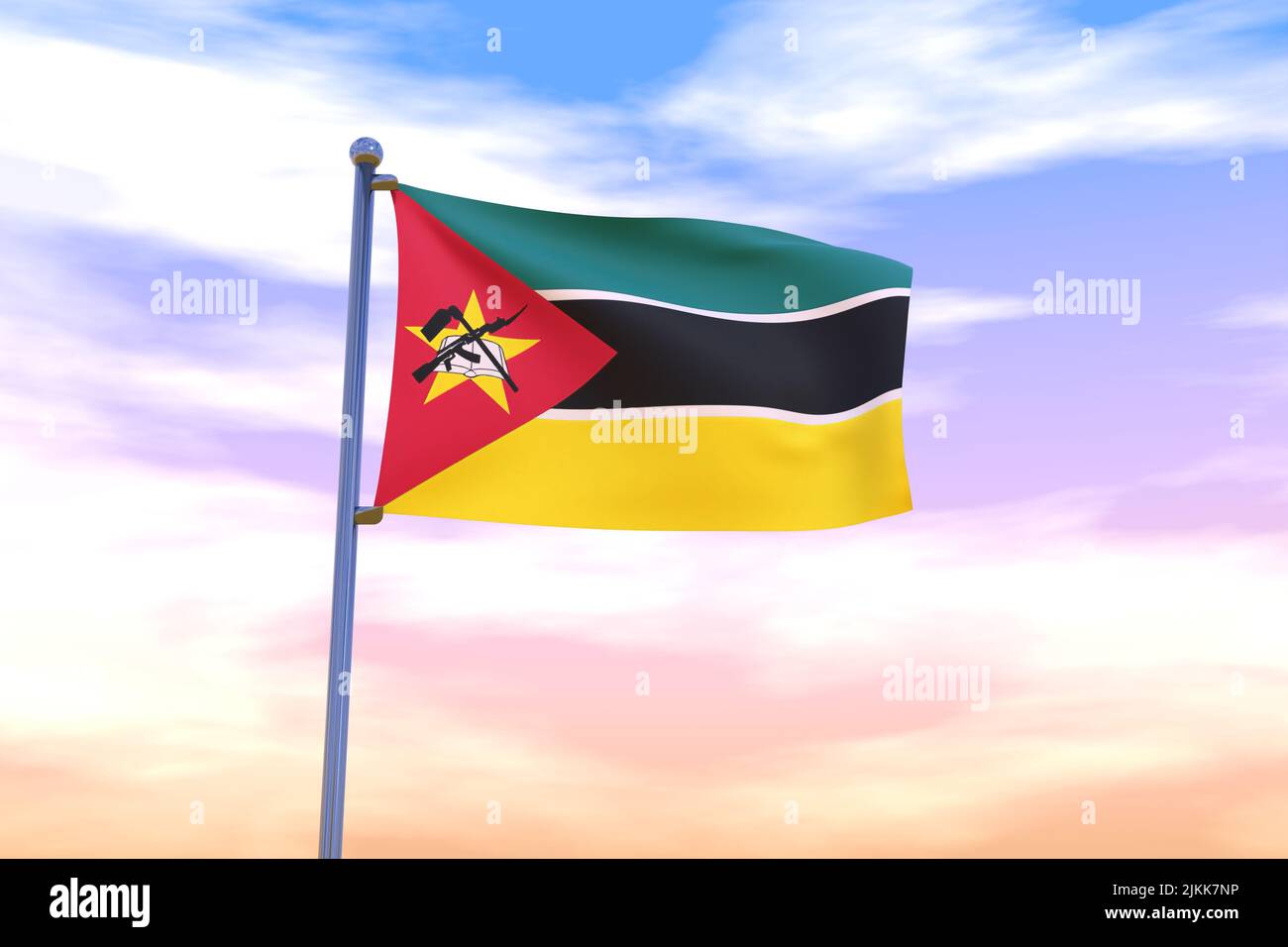 Waving flag of Mozambique with chrome flag pole in blue sky waving in ...