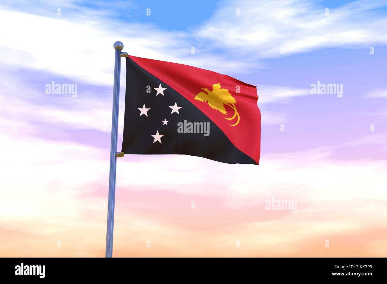 Waving flag of Papua New Guinea with chrome flag pole in blue sky ...