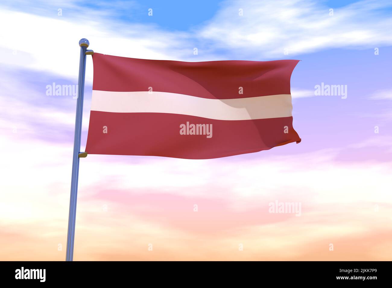 Waving flag of Latvia with chrome flag pole in blue sky waving in the wind. High resolution flag ...