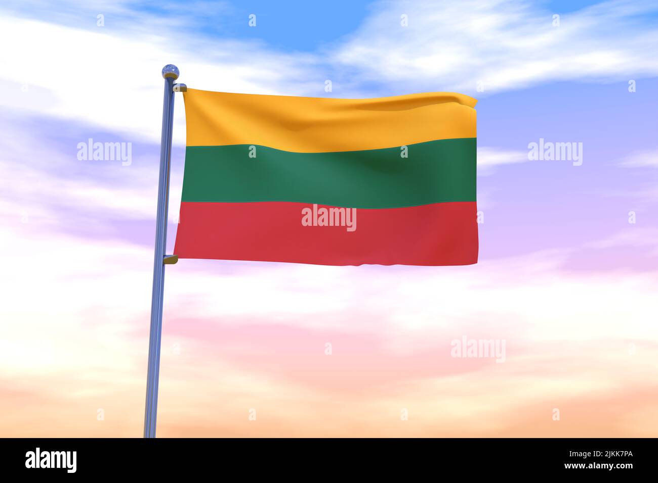 Waving flag of Lithuania with chrome flag pole in blue sky waving in ...