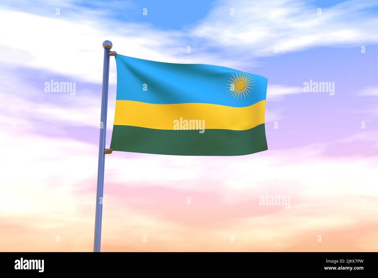 Waving flag of Rwanda with chrome flag pole in blue sky waving in the wind. High resolution flag ...
