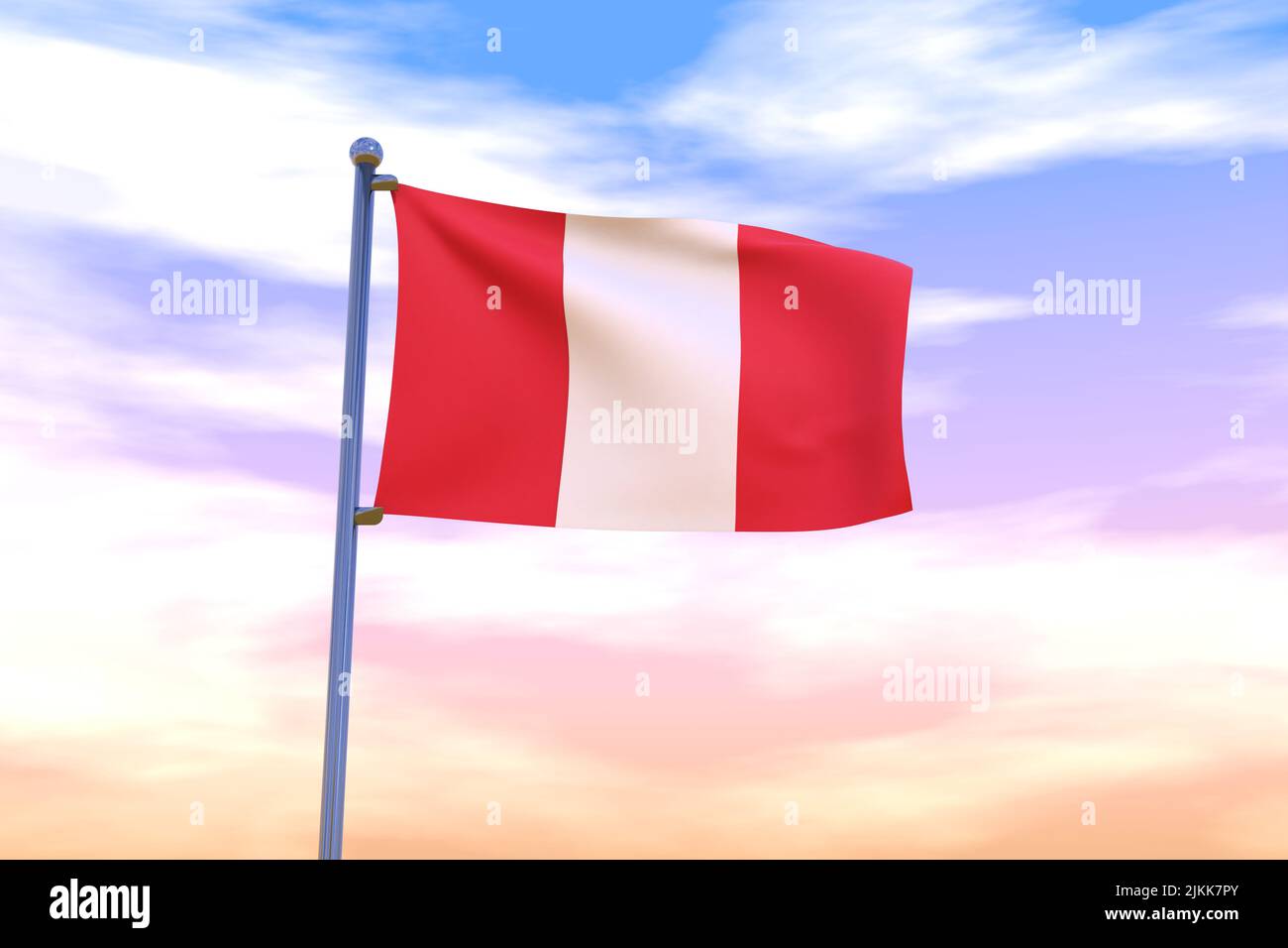 Waving flag of Peru with chrome flag pole in blue sky waving in the ...