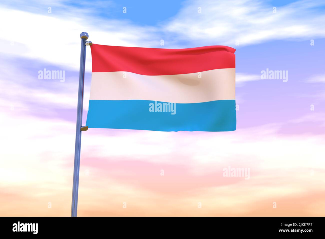 Waving flag of Luxembourg with chrome flag pole in blue sky waving in the wind. High resolution ...