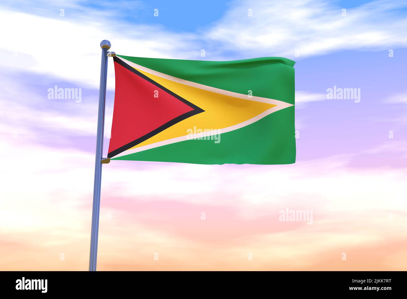 Waving flag of Guyana with chrome flag pole in blue sky waving in the wind. High resolution flag ...