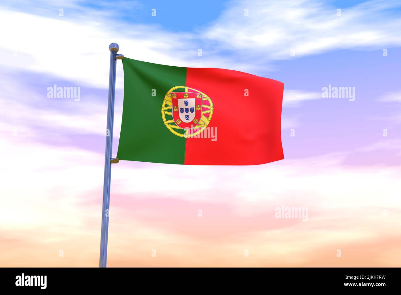 Waving flag of Portugal with chrome flag pole in blue sky waving in the ...