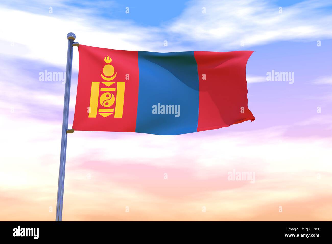 Waving flag of Mongolia with chrome flag pole in blue sky waving in the wind. High resolution ...