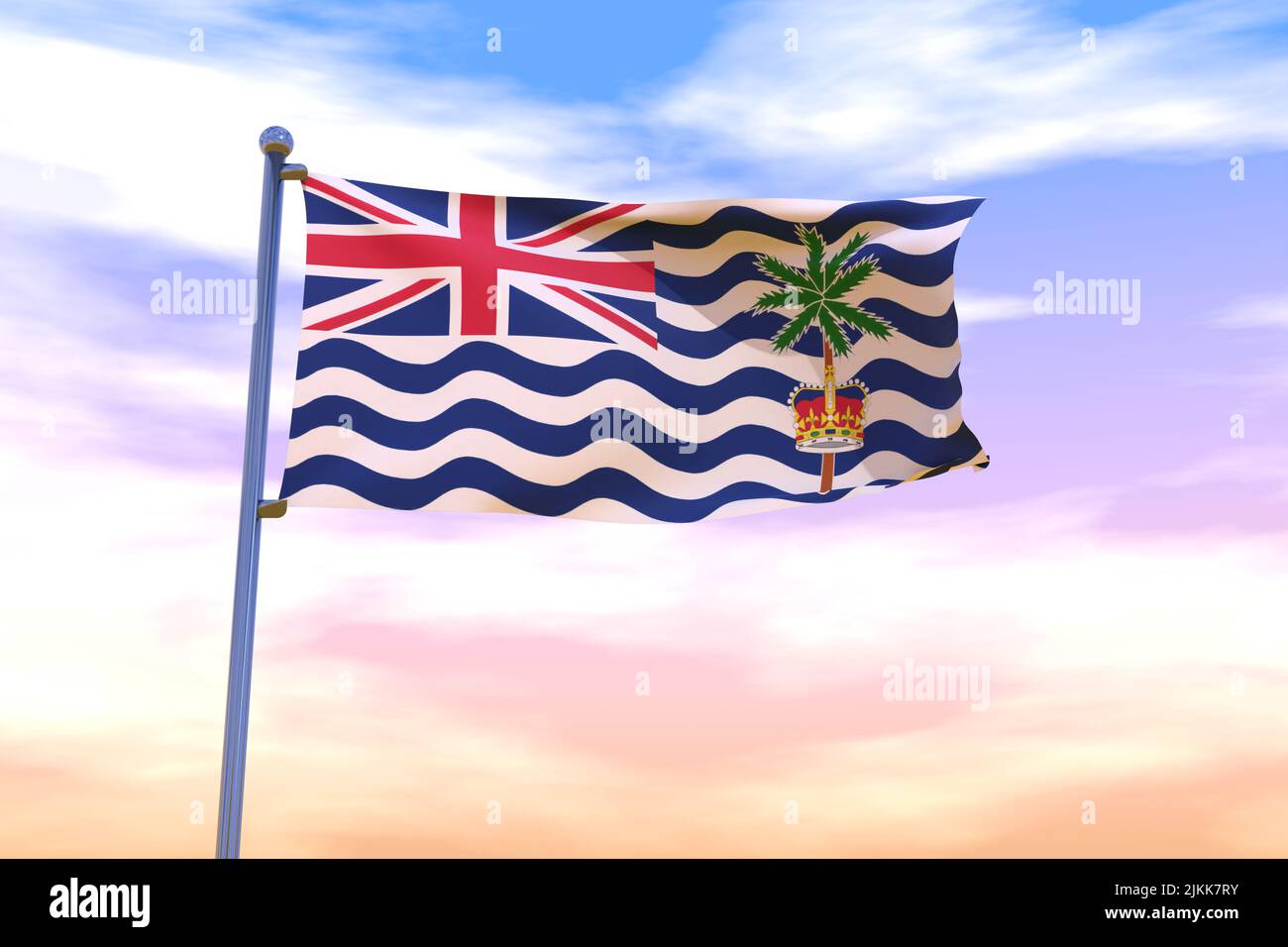 Waving flag of British Indian Ocean Territory with chrome flag pole in ...