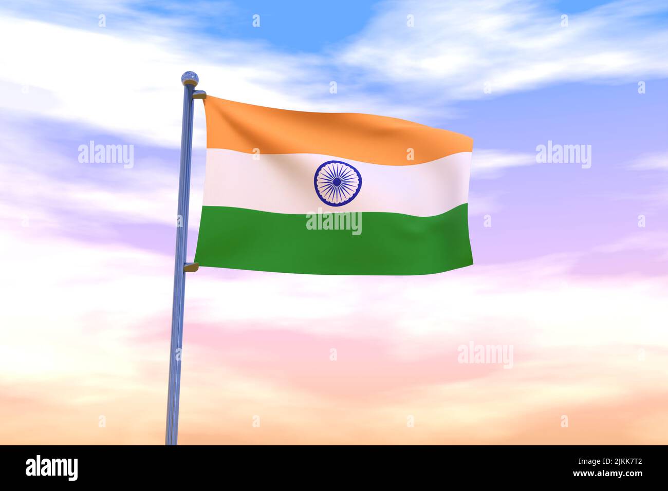 Waving flag of India with chrome flag pole in blue sky waving in the ...