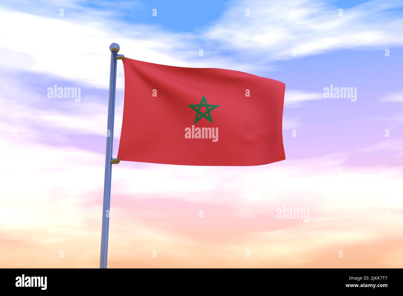 Waving flag of Morocco with chrome flag pole in blue sky waving in the ...