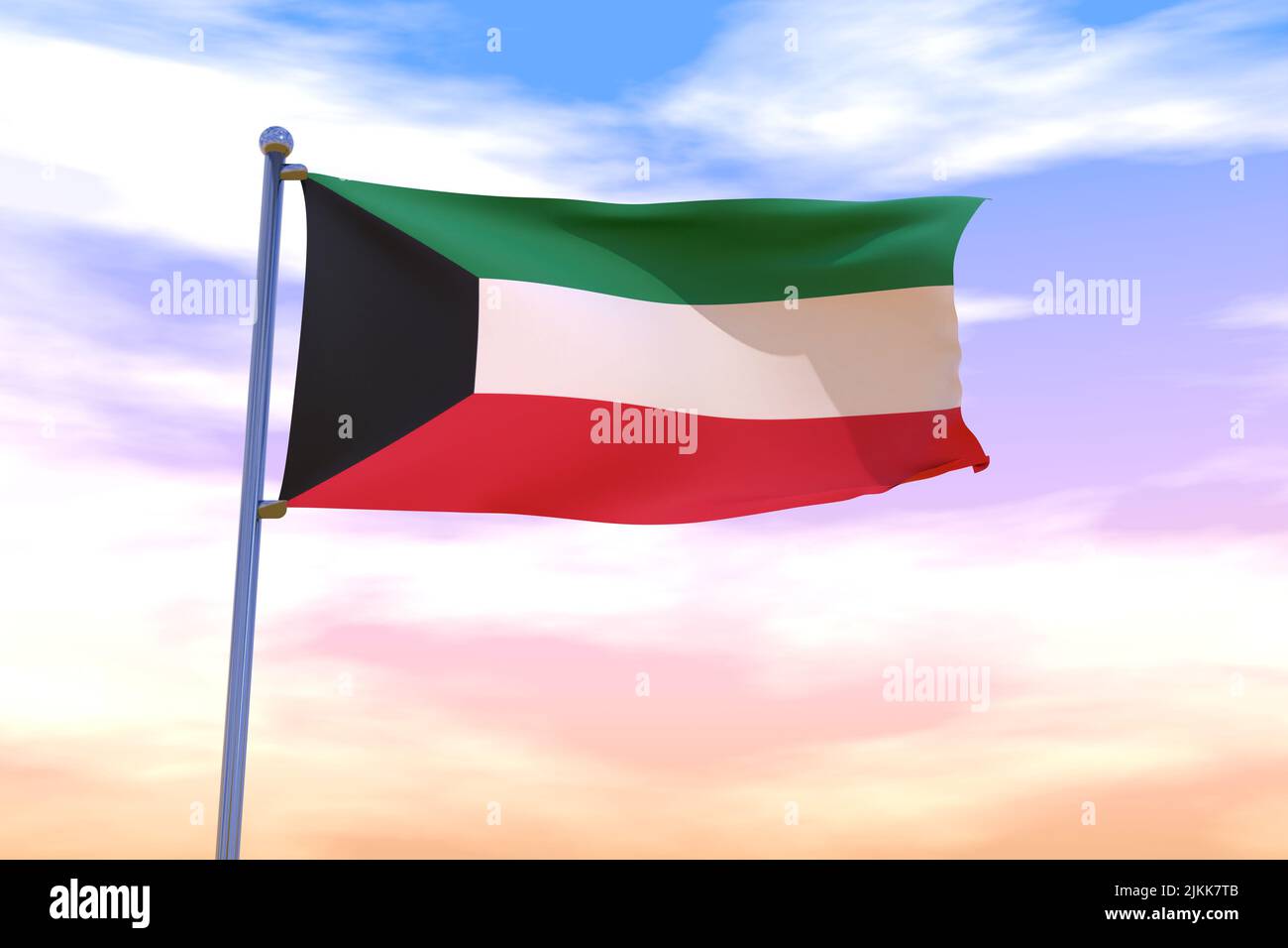 Waving flag of Kuwait with chrome flag pole in blue sky waving in the ...