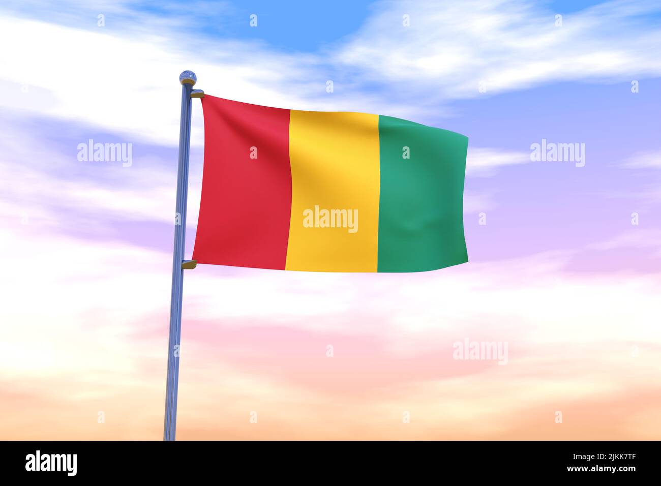 Waving flag of Guinea with chrome flag pole in blue sky waving in the ...