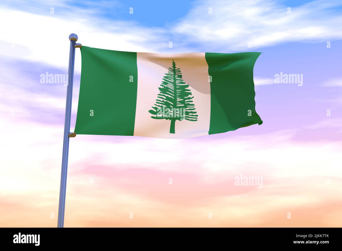 Waving flag of Norfolk Island with chrome flag pole in blue sky waving ...