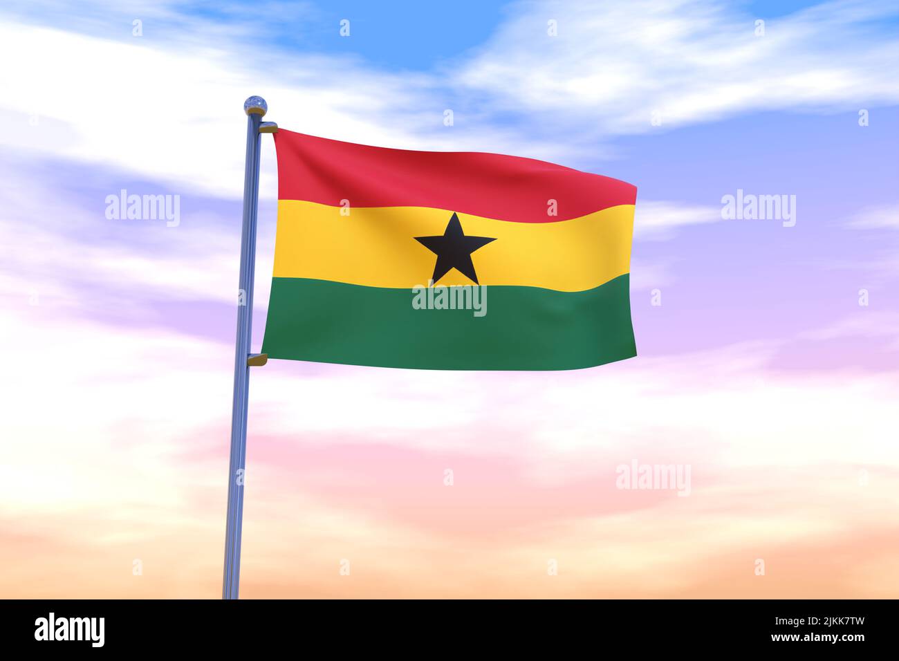 Waving flag of Ghana with chrome flag pole in blue sky waving in the ...