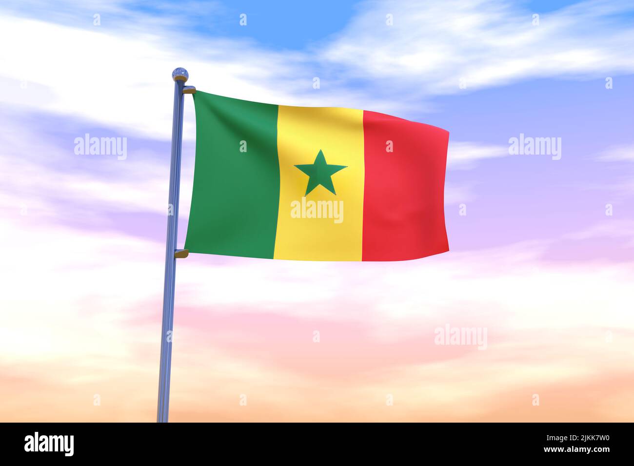 Waving flag of Senegal with chrome flag pole in blue sky waving in the wind. High resolution ...