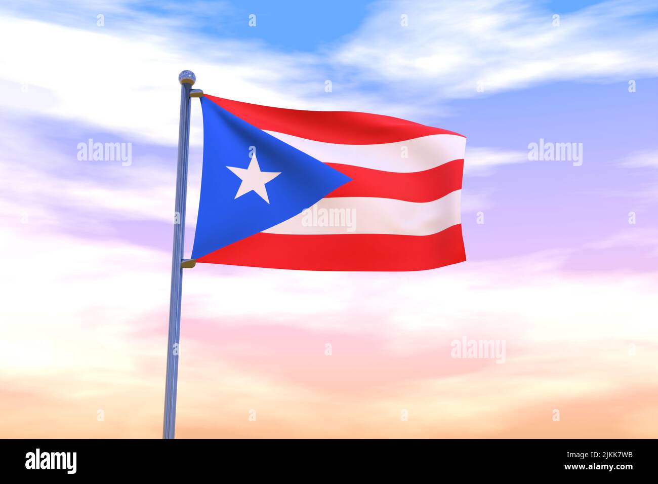 Waving flag of Puerto Rico with chrome flag pole in blue sky waving in ...