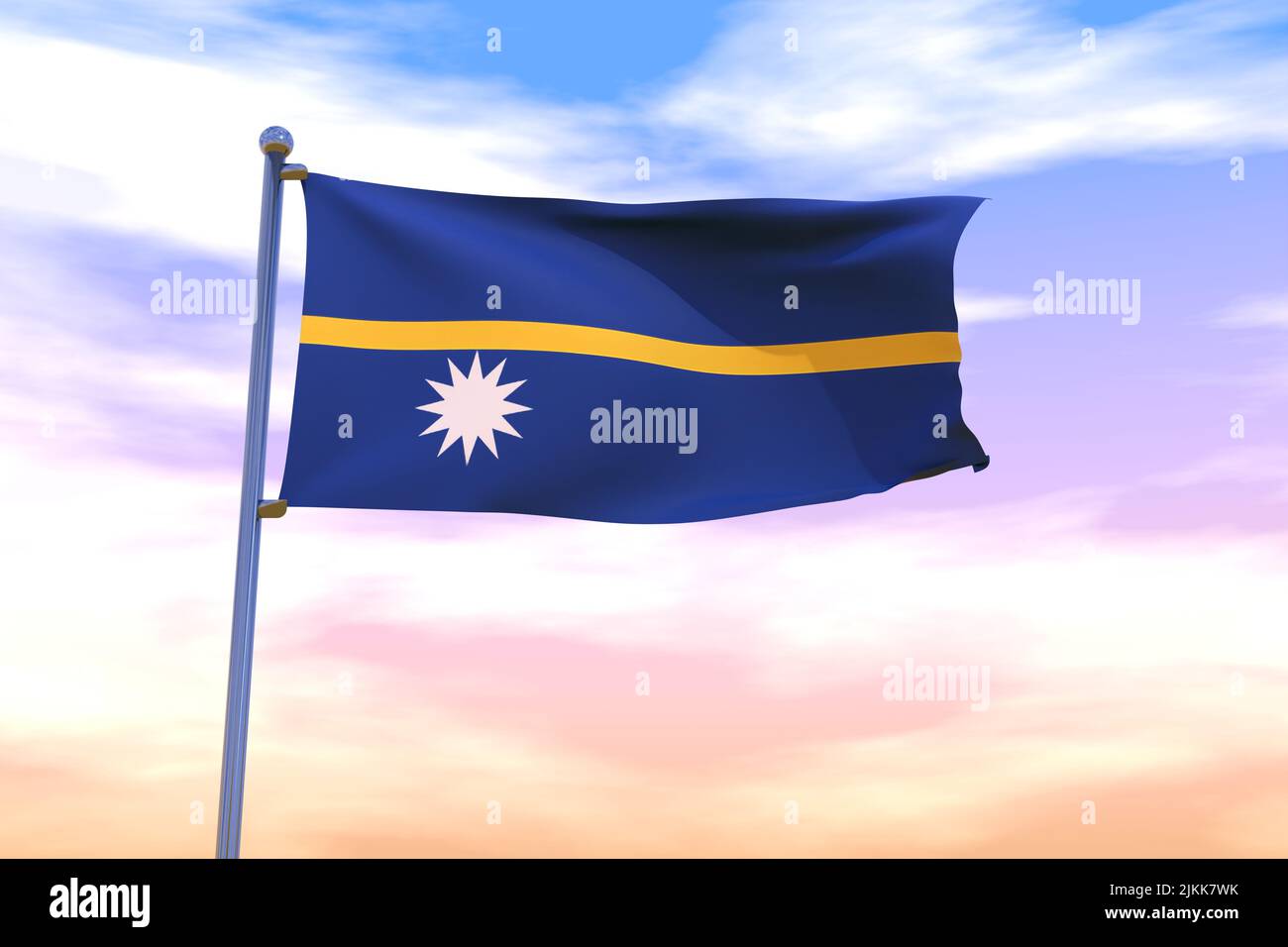 Waving flag of Nauru with chrome flag pole in blue sky waving in the ...