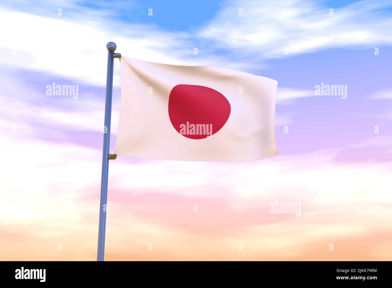 Waving flag of Japan with chrome flag pole in blue sky waving in the ...