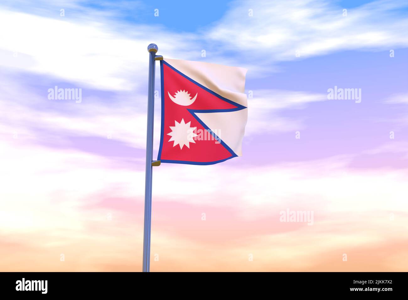 Waving flag of Nepal with chrome flag pole in blue sky waving in the ...