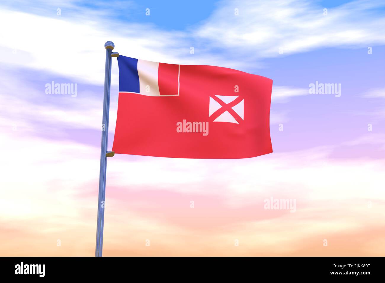 Waving flag of Wallis and Futuna with chrome flag pole in blue sky ...