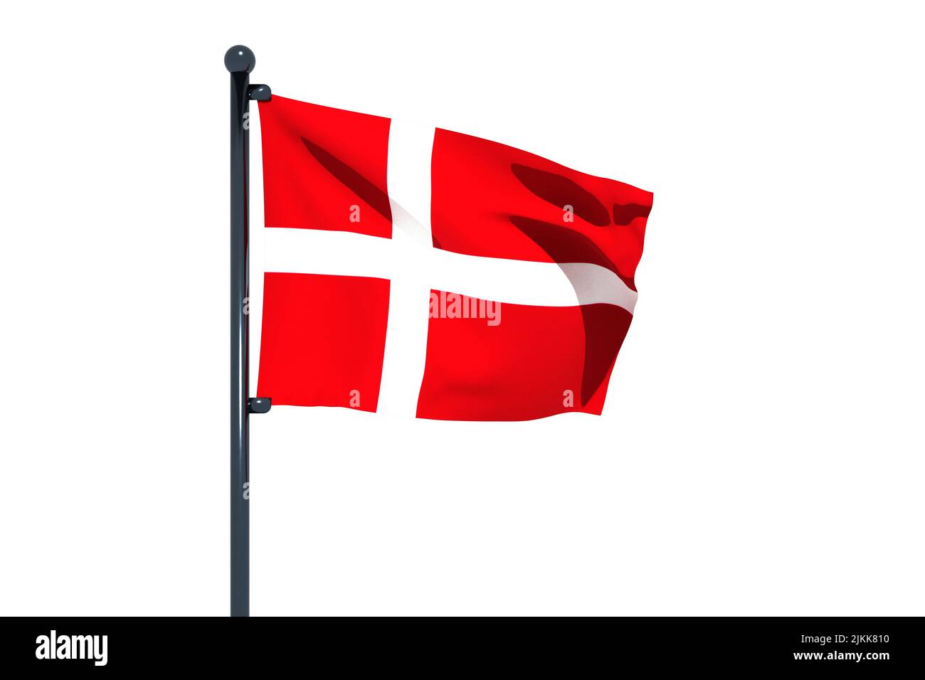 3D illustration of flag of Denmark with chrome flag pole with snap ...