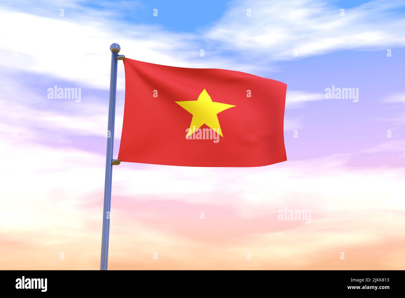 Waving flag of Viet Nam with chrome flag pole in blue sky waving in the ...