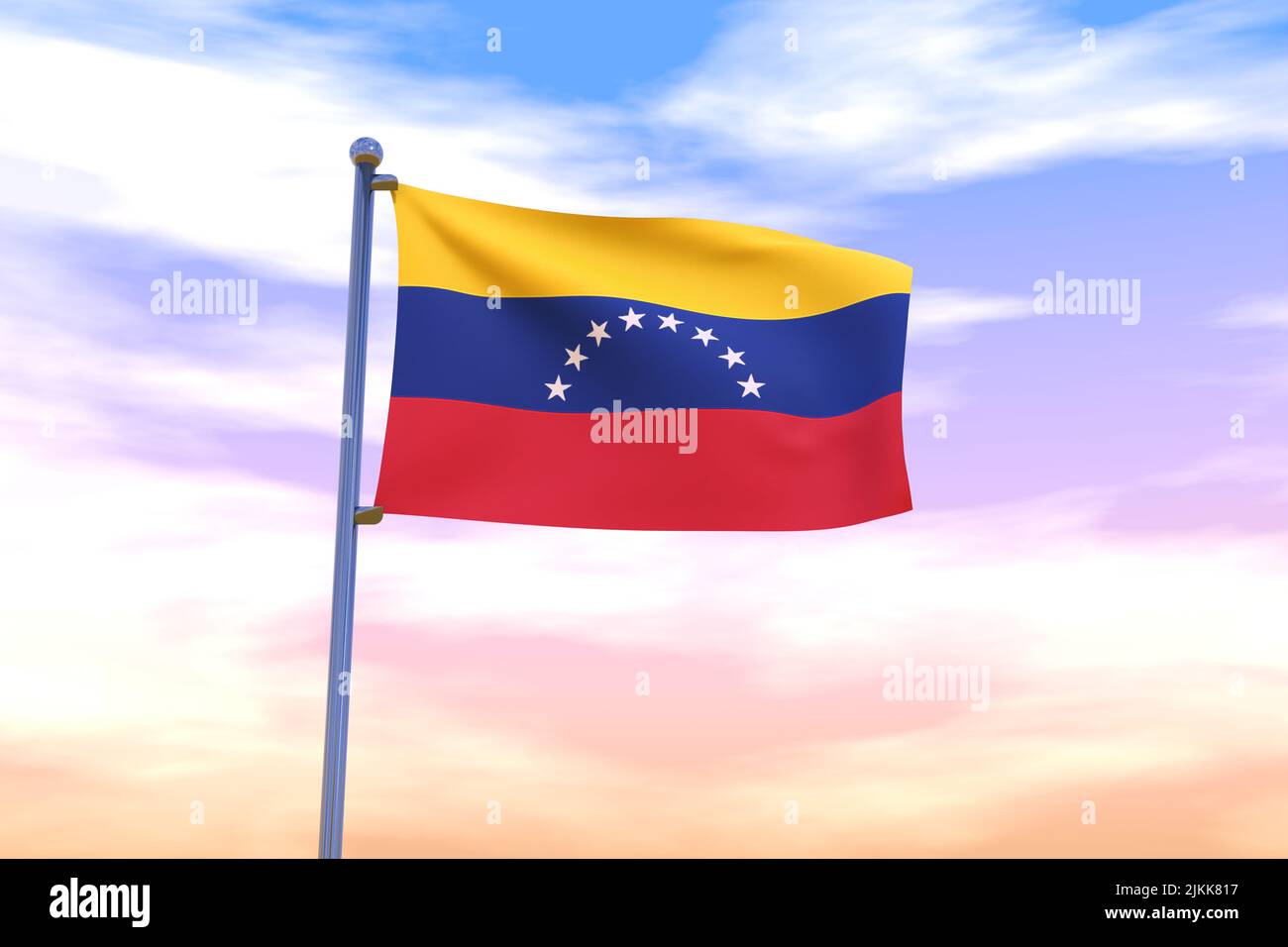 Waving flag of Venezuela with chrome flag pole in blue sky waving in ...