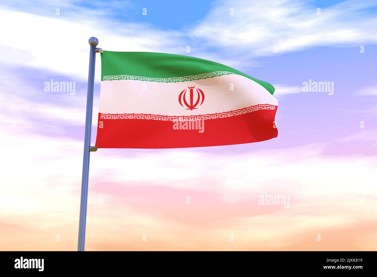 Waving flag of Iran with chrome flag pole in blue sky waving in the wind. High resolution flag ...