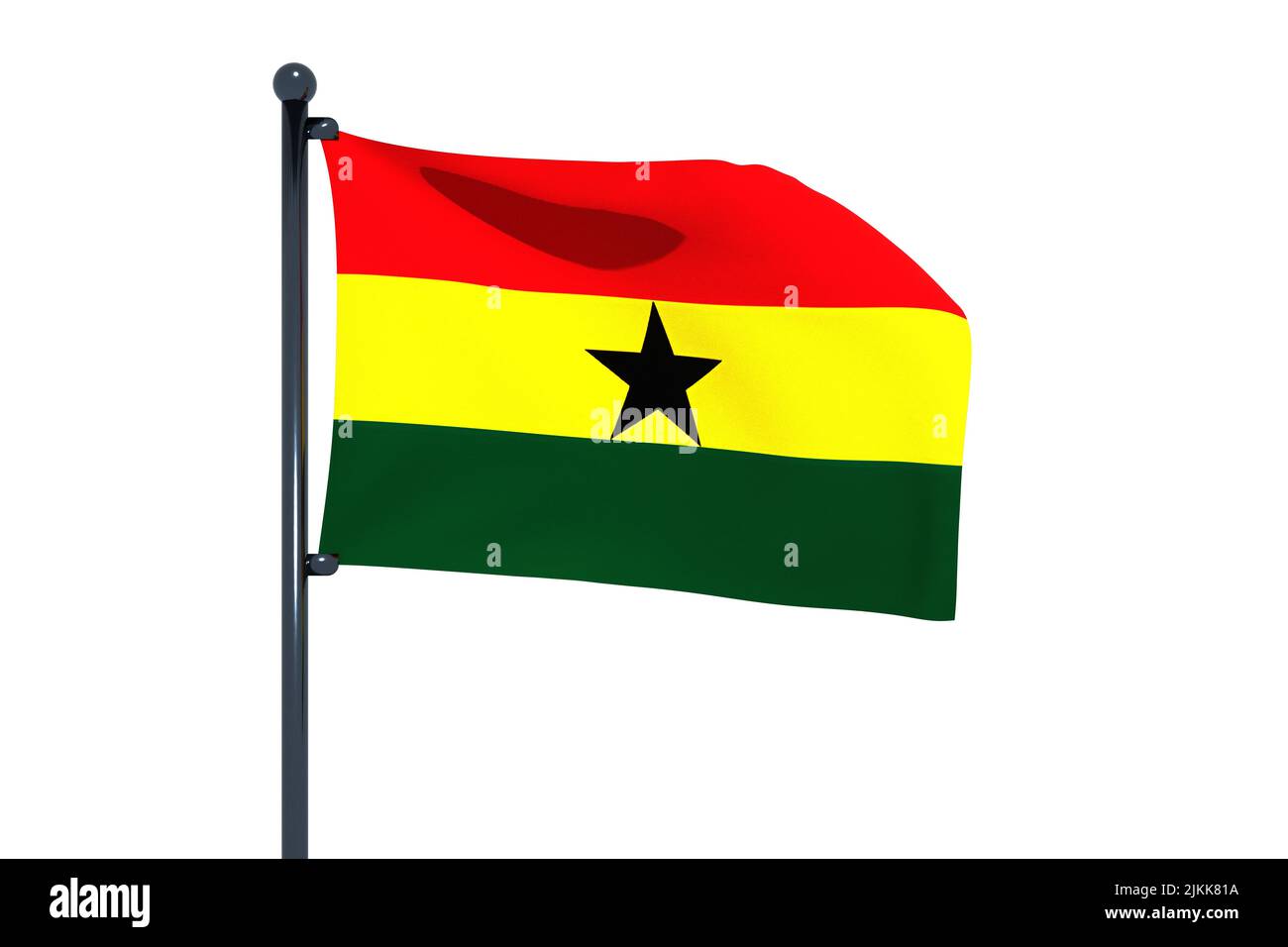 3D illustration of flag of Ghana with chrome flag pole with snap hooks ...