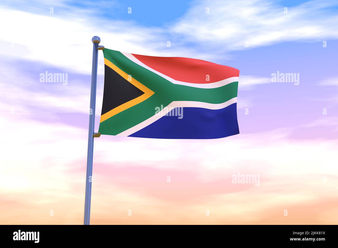 Waving flag of South Africa with chrome flag pole in blue sky waving in ...